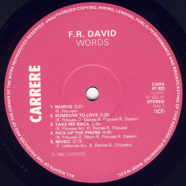 Comprar F.R. David - Words LP – Dreams on Vinyl – Vinilo de época