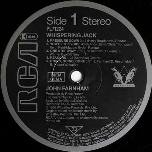 Comprar John Farnham - Whispering Jack LP – Dreams on Vinyl – Vinilo de ...