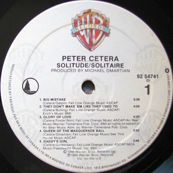 Peter Cetera - Solitude - Solitaire LP – Dreams on Vinyl – Vinilo de época
